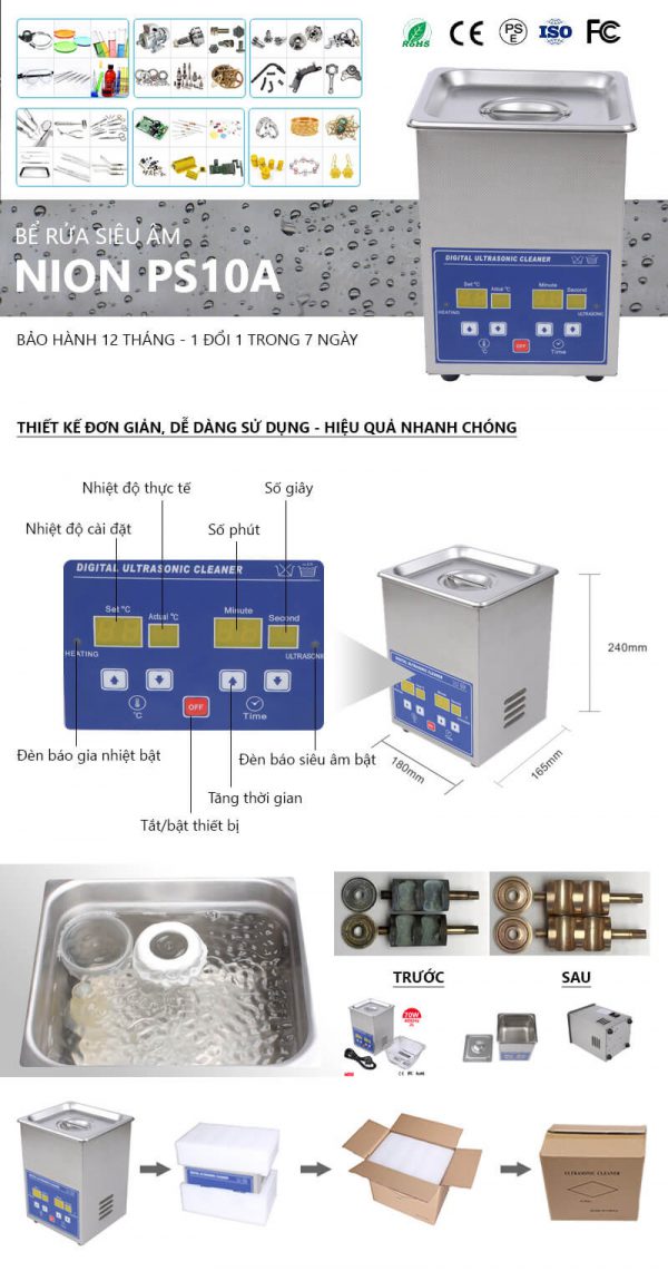 Máy tẩy rửa bằng sóng siêu âm Nion PS-10A chính hãng, làm sạch nhanh!